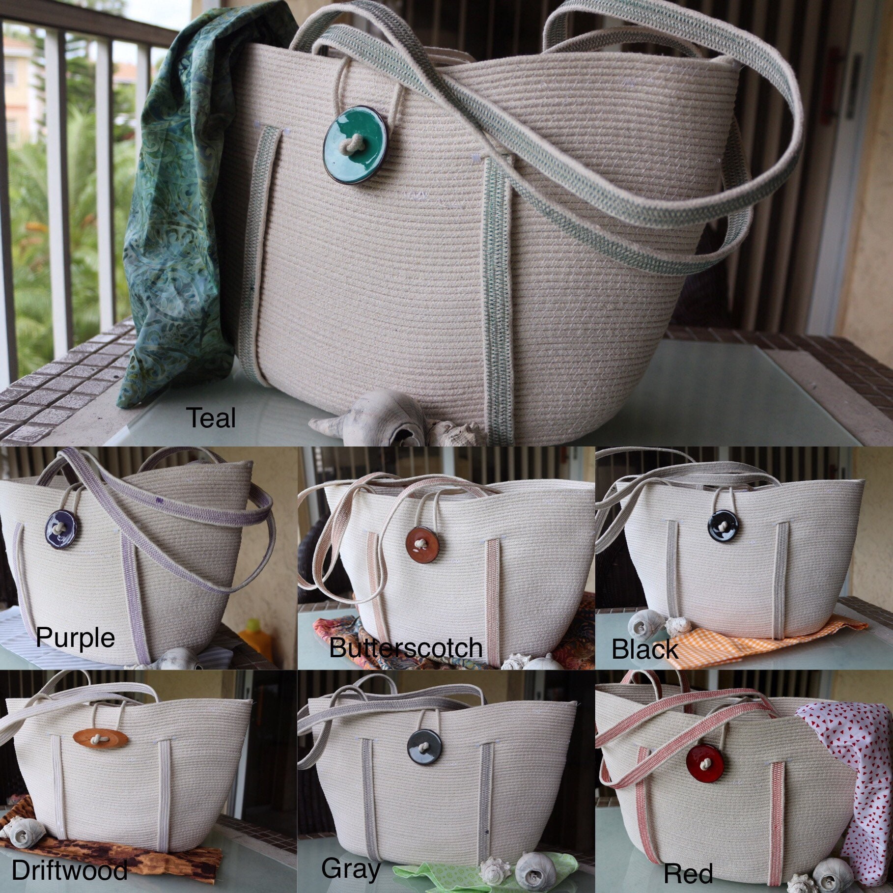 Handmade Rope Tote - Butterscotch , Coconut Shell Button, Clothesline ...