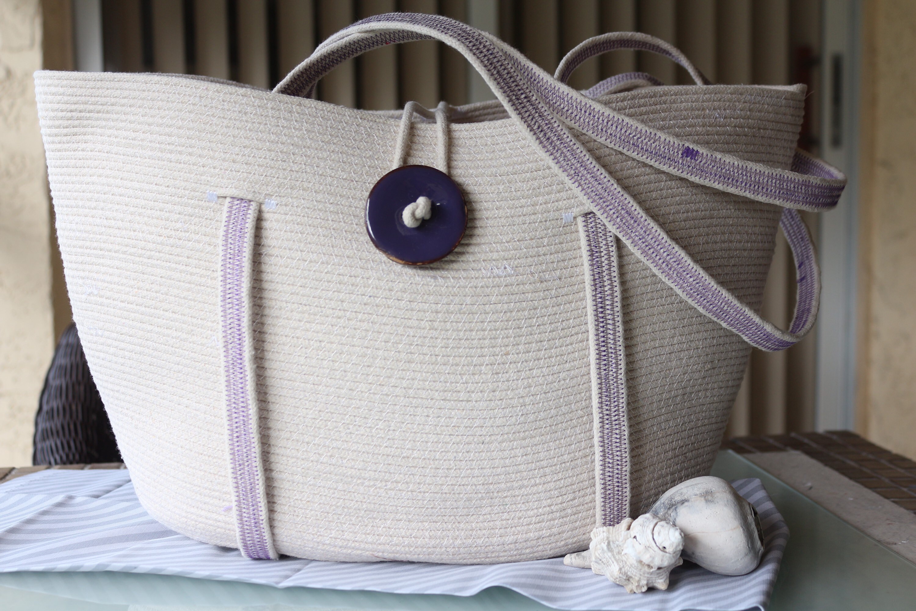 Handmade Rope Tote- Eggplant, Coconut Shell Button, Clothesline Rope ...
