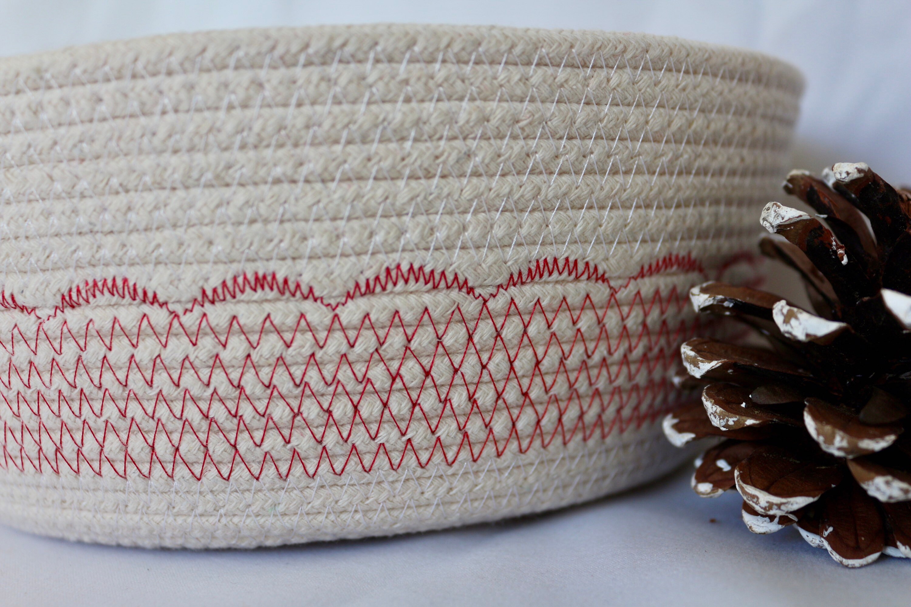 Handmade Rope Basket - Christmas Décor, Natural & Red - Storage Basket ...