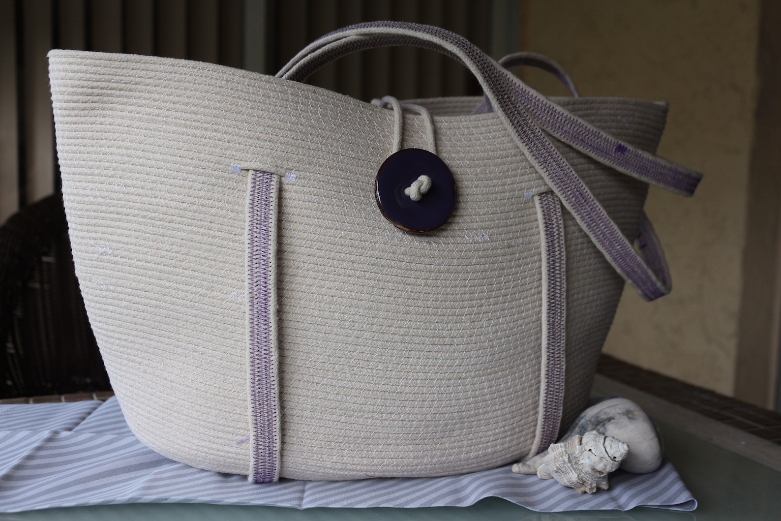 Handmade Rope Tote- Eggplant, Coconut Shell Button, Clothesline Rope ...