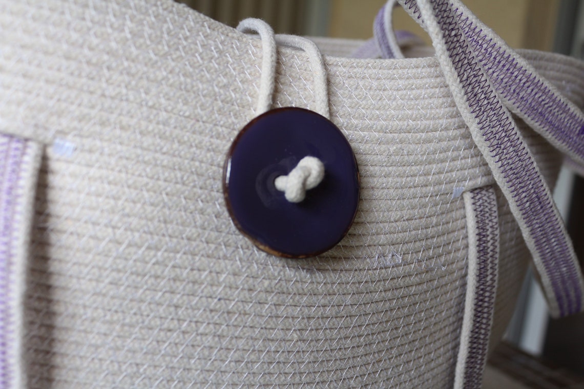 Handmade Rope Tote- Eggplant, Coconut Shell Button, Clothesline Rope ...