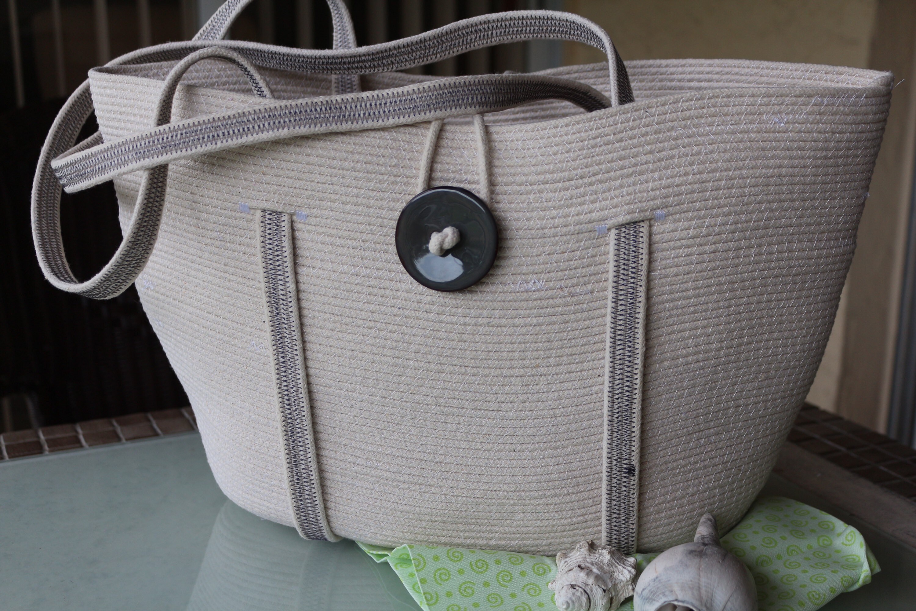 Handmade Charcoal Gray Rope Tote Bag - Coconut Shell Button ...