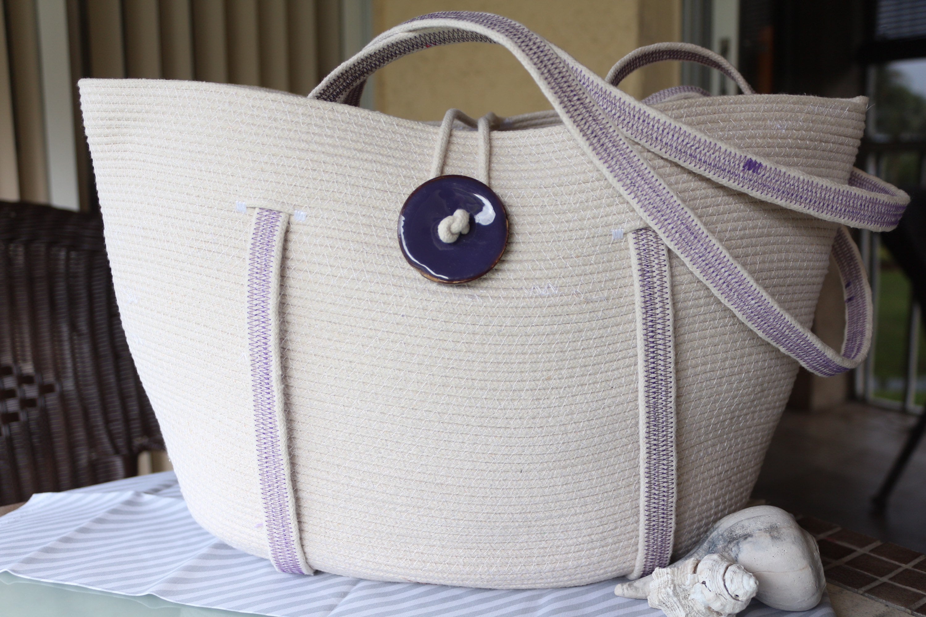 Handmade Rope Tote- Eggplant, Coconut Shell Button, Clothesline Rope ...