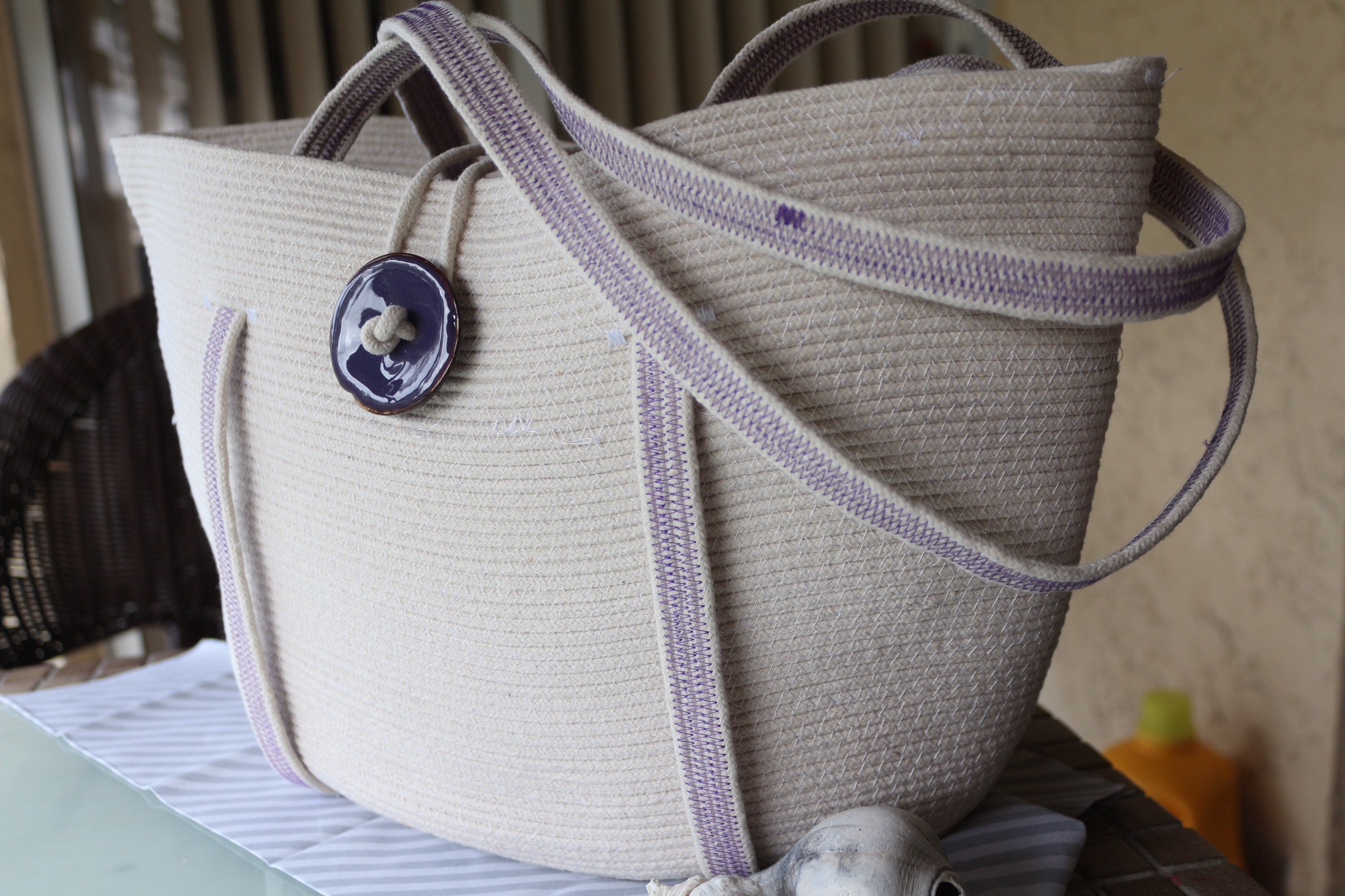 Handmade Rope Tote- Eggplant, Coconut Shell Button, Clothesline Rope ...
