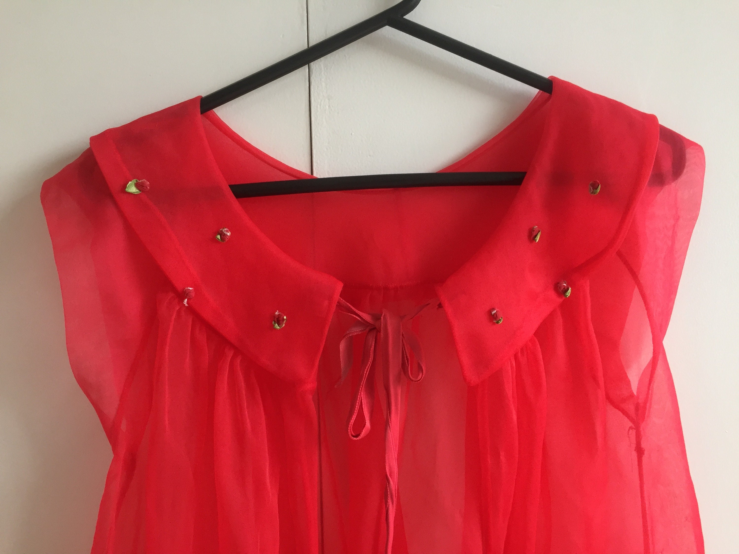Vintage Red Sheer Cover up Negligee Lingerie Top for Women With Flower ...