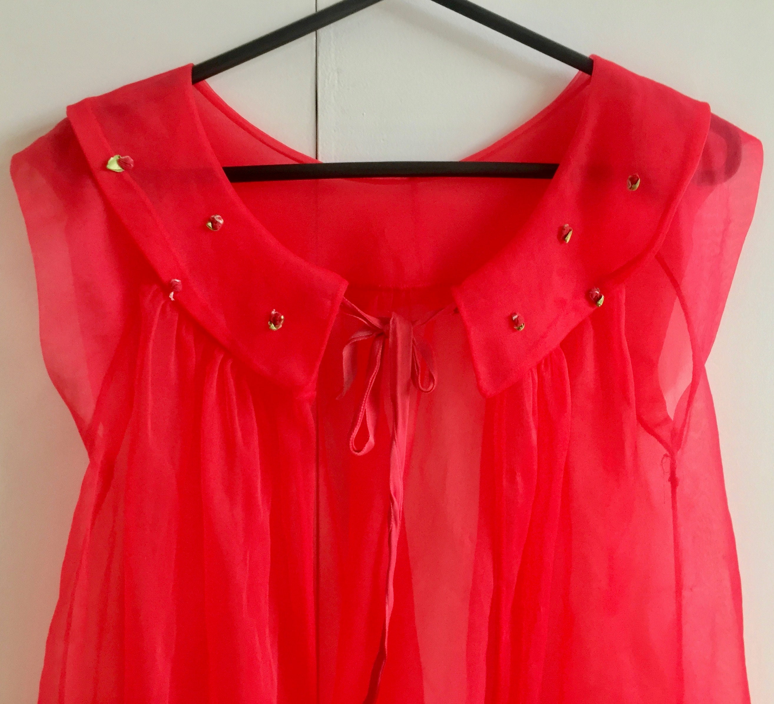 Vintage Red Sheer Cover up Negligee Lingerie Top for Women With Flower ...