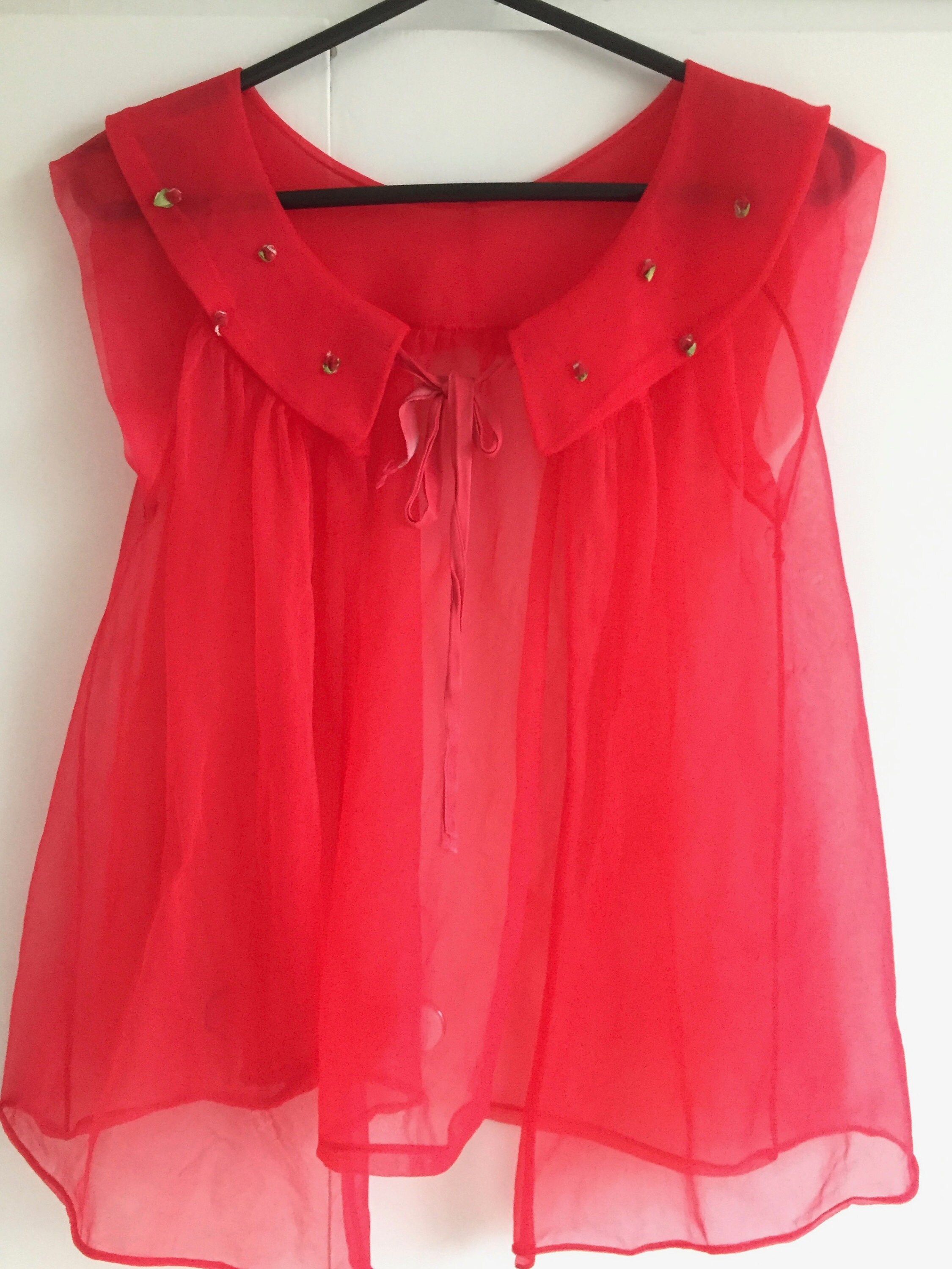Vintage Red Sheer Cover up Negligee Lingerie Top for Women With Flower ...
