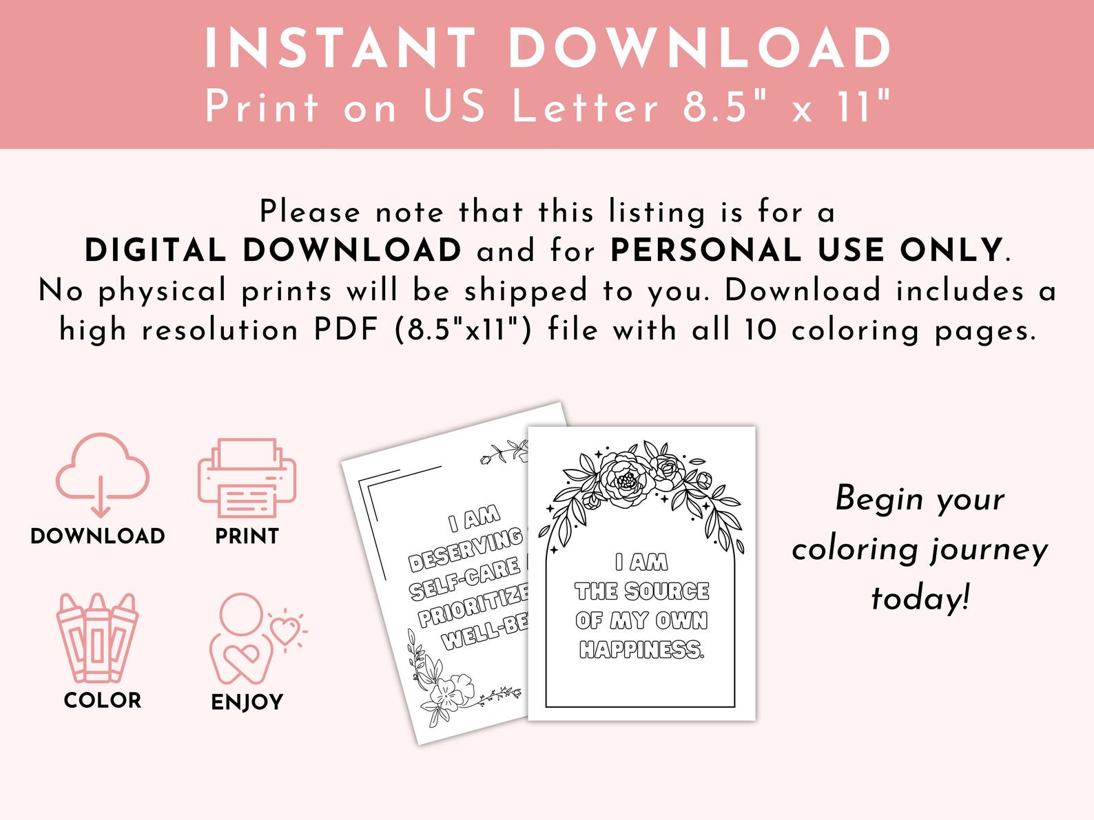 10 Self-love Affirmations Coloring Pages, Floral Printables ...
