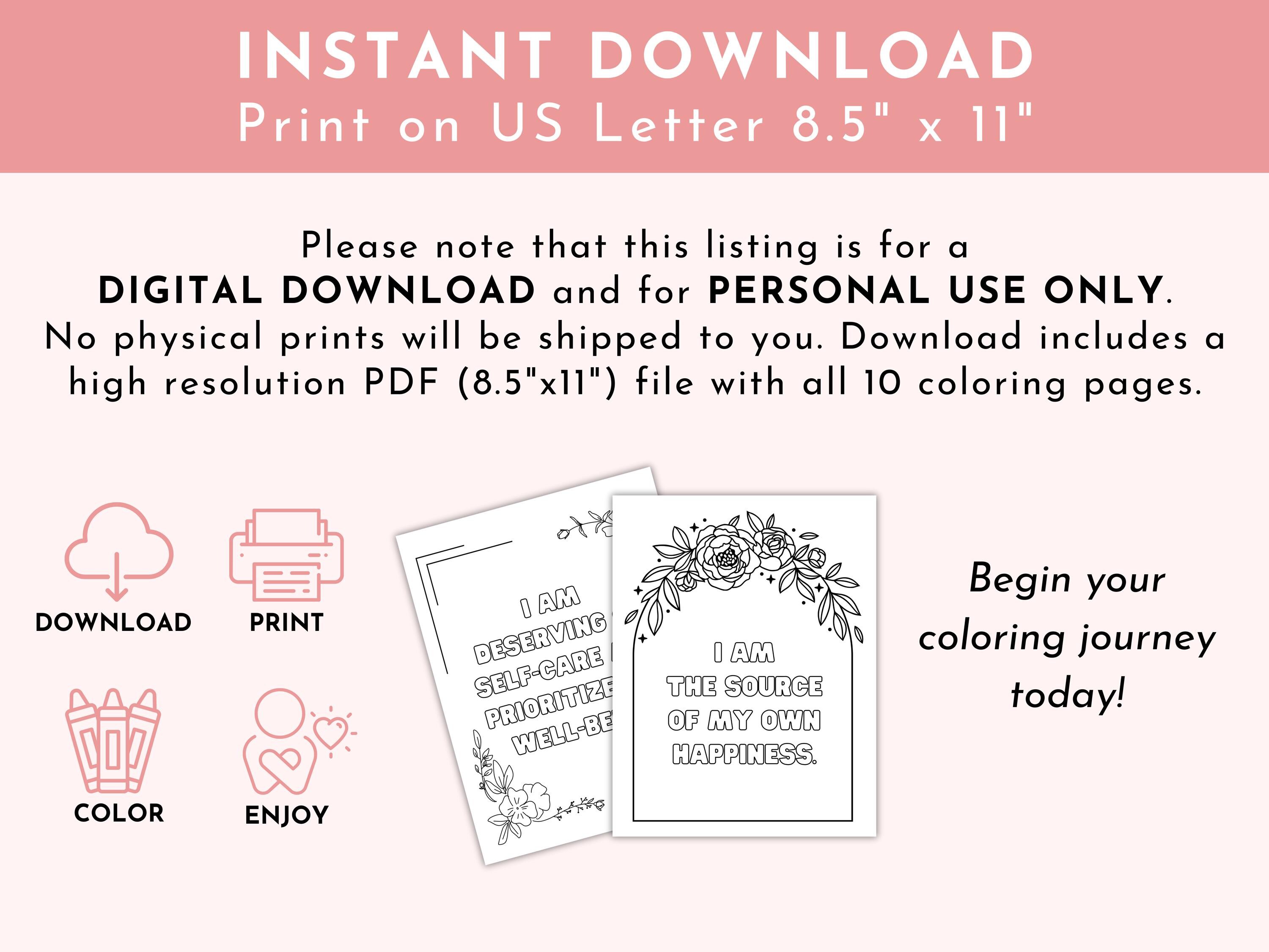 10 Self-love Affirmations Coloring Pages, Floral Printables ...