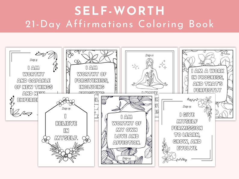21-day Self-worth Affirmations Coloring Book, Floral Printable Coloring ...