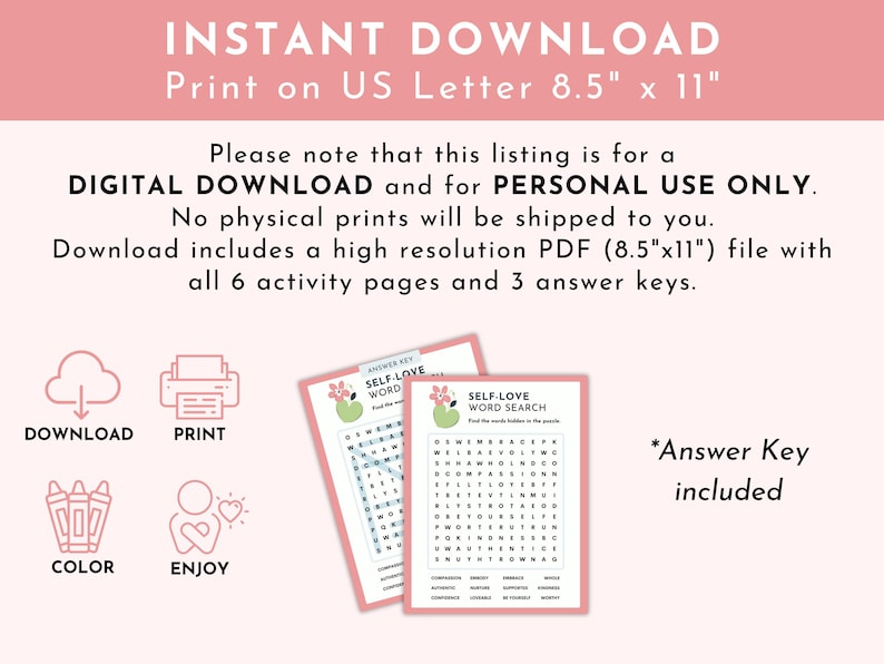 Self-love Activity Pages, Floral Printables, Word Search, Crossword ...