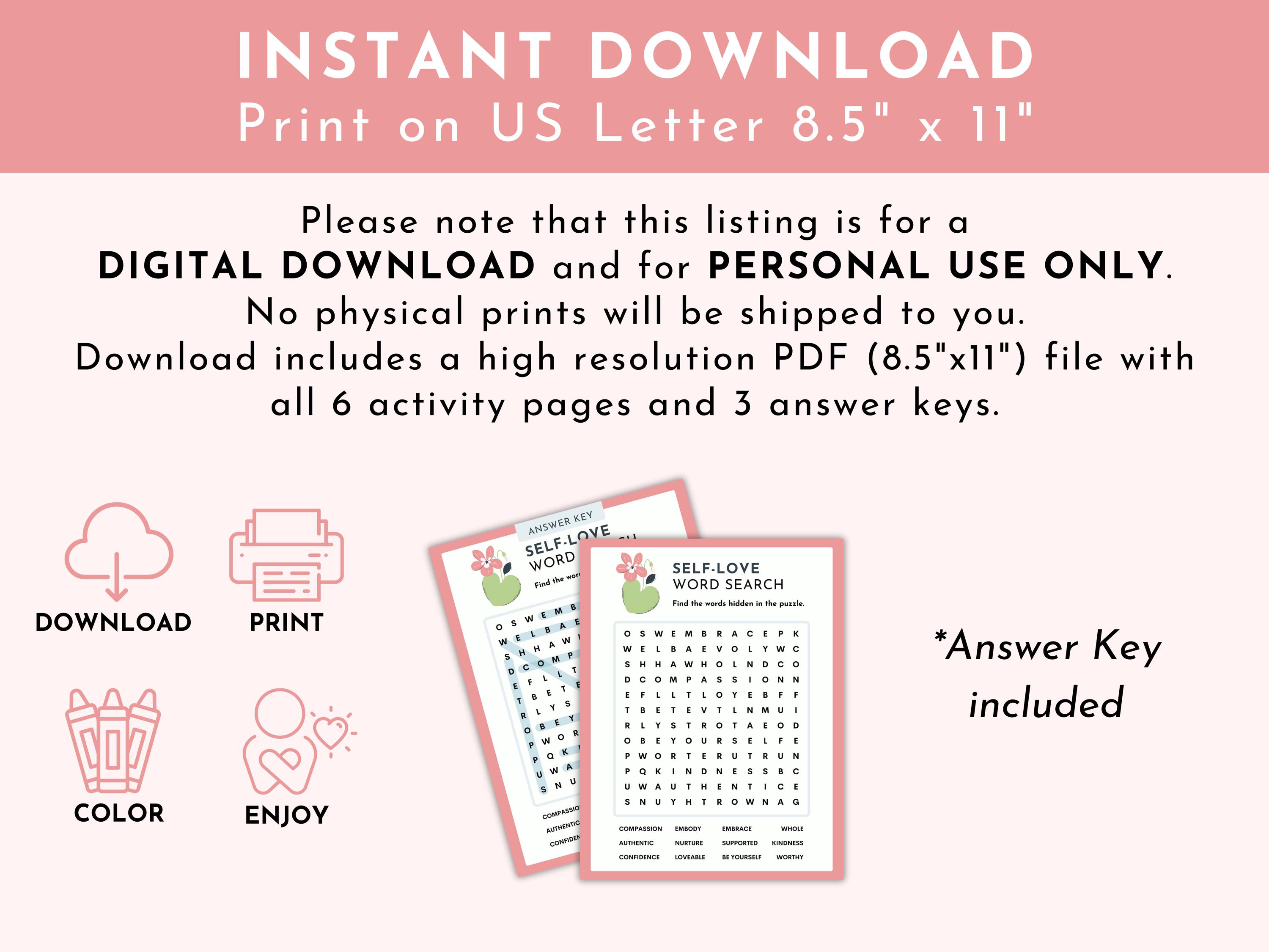 Self-love Activity Pages, Floral Printables, Word Search, Crossword ...
