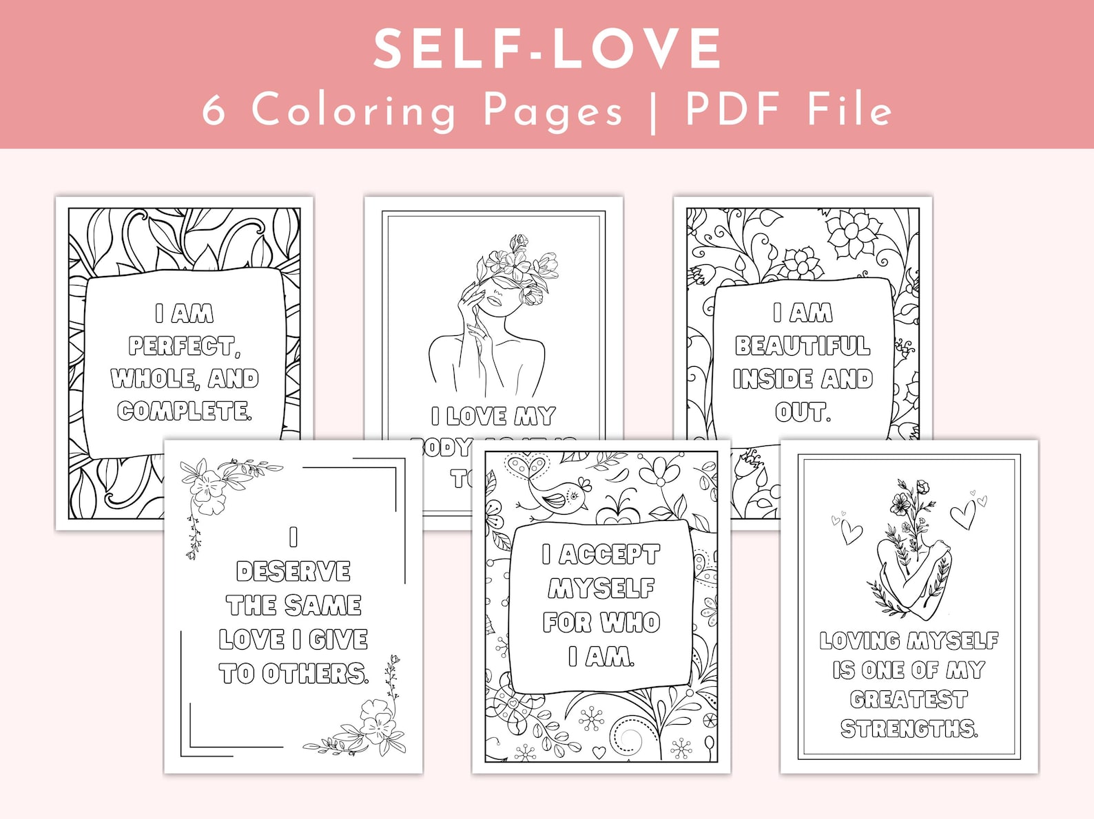 6 Self-love Affirmations Coloring Pages, Floral Printables ...
