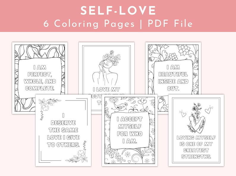 6 Self-love Affirmations Coloring Pages, Floral Printables ...