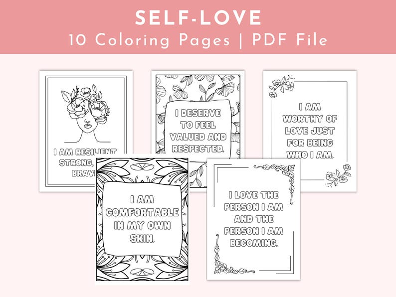 10 Self-love Affirmations Coloring Pages, Floral Printables ...