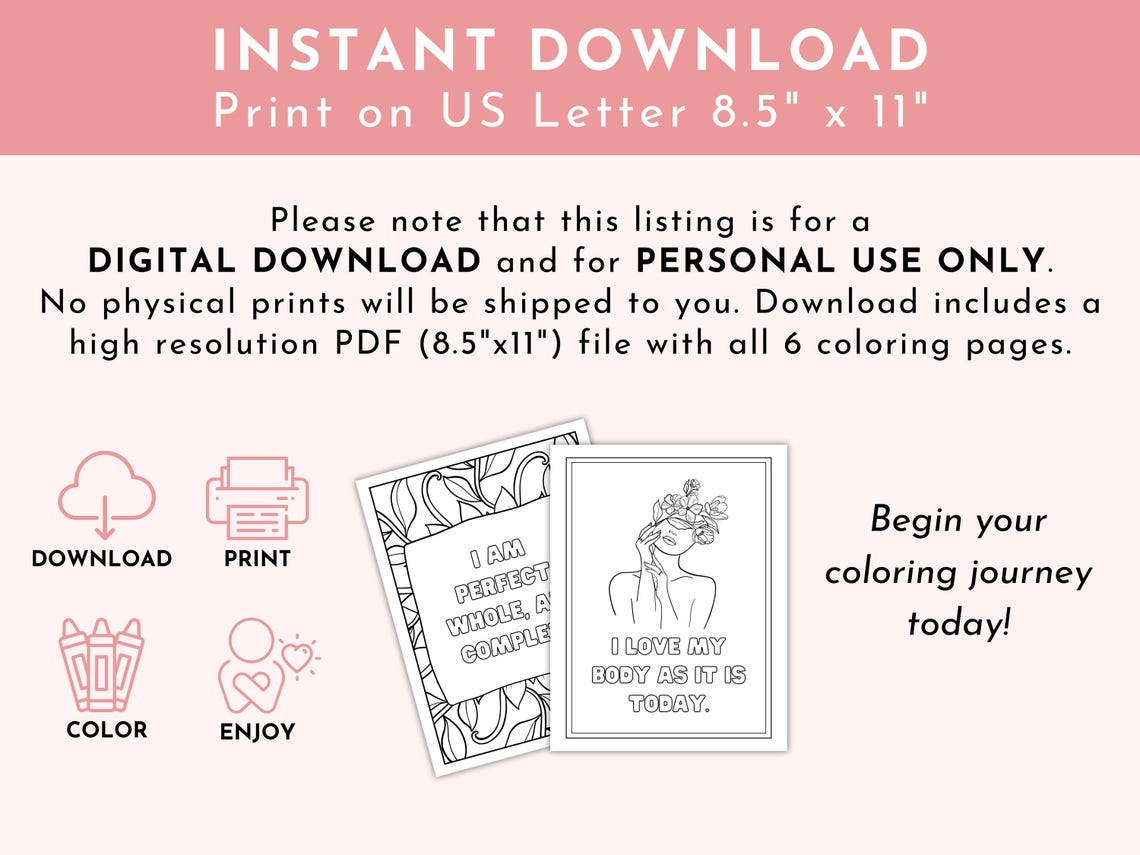 6 Self-love Affirmations Coloring Pages, Floral Printables ...