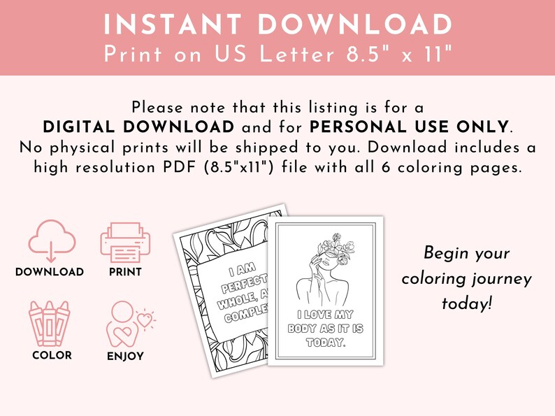 6 Self-love Affirmations Coloring Pages, Floral Printables ...