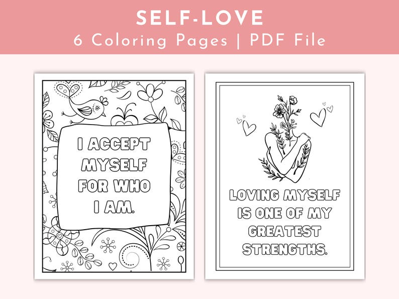 6 Self-love Affirmations Coloring Pages, Floral Printables ...