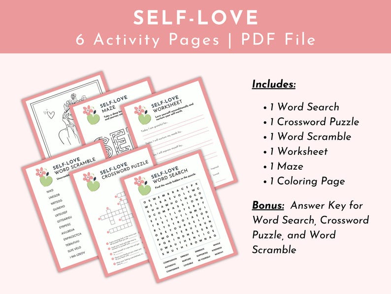 Self-love Activity Pages, Floral Printables, Word Search, Crossword ...