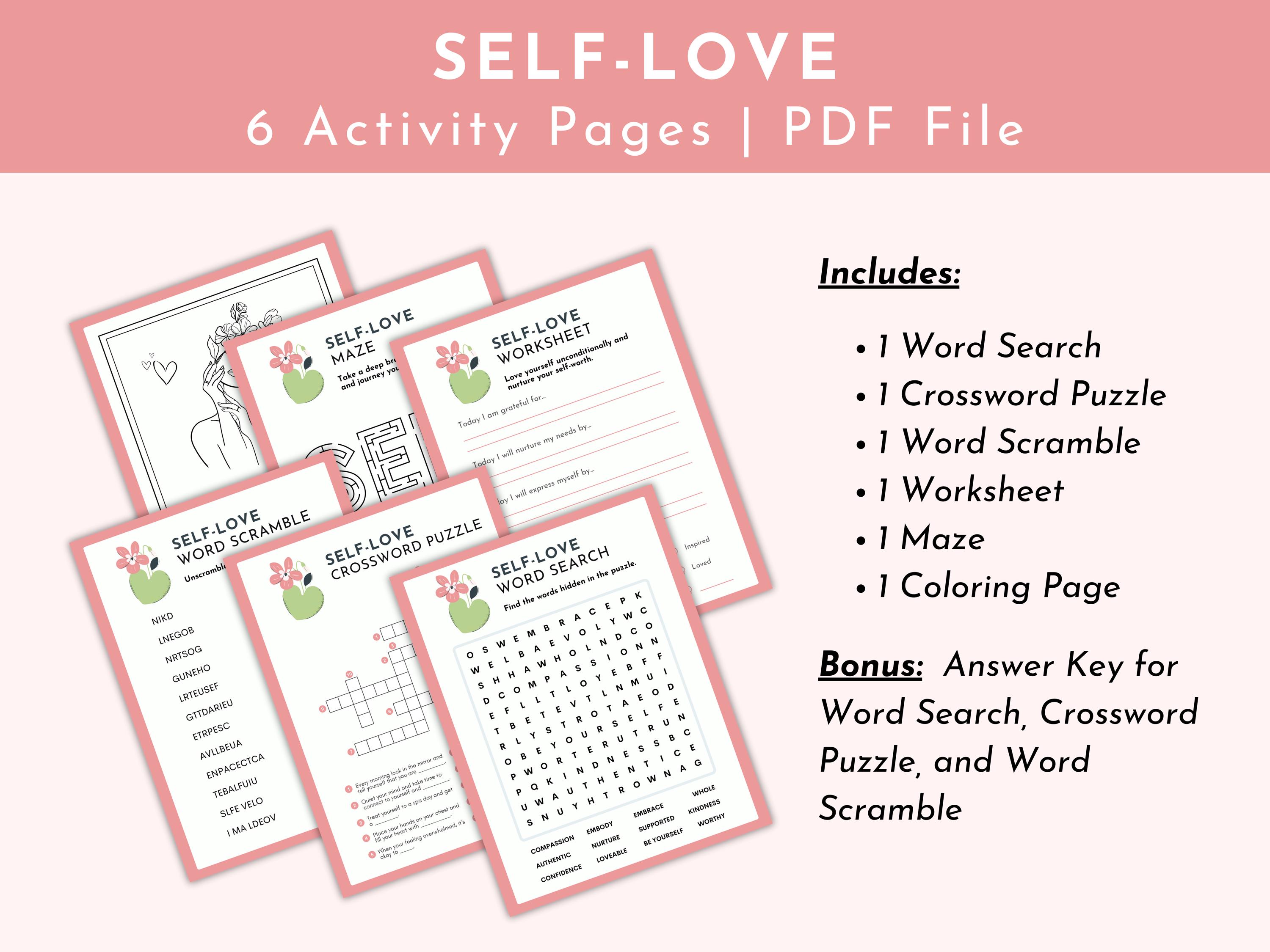 Self-love Activity Pages, Floral Printables, Word Search, Crossword ...