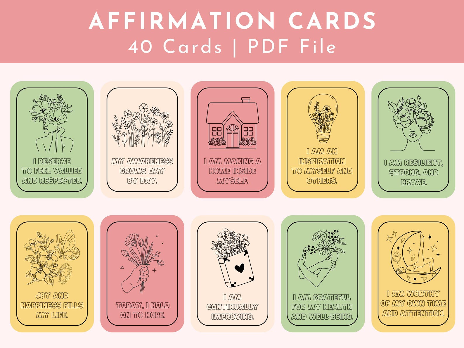 40 Positive Affirmations Cards, Floral Printables, Inspirational and ...