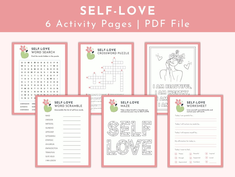 Self-love Activity Pages, Floral Printables, Word Search, Crossword ...