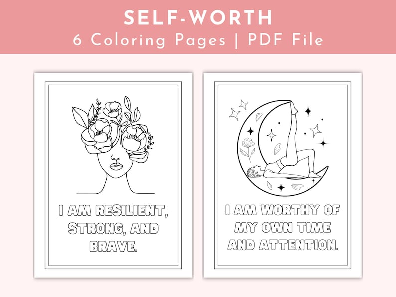 6 Self-worth Affirmations Coloring Pages, Floral Printables ...