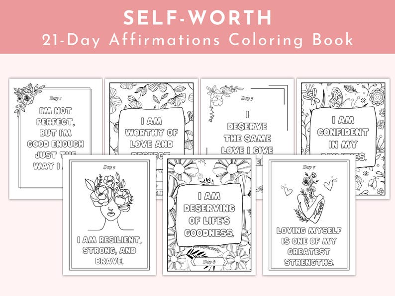 21-day Self-worth Affirmations Coloring Book, Floral Printable Coloring ...