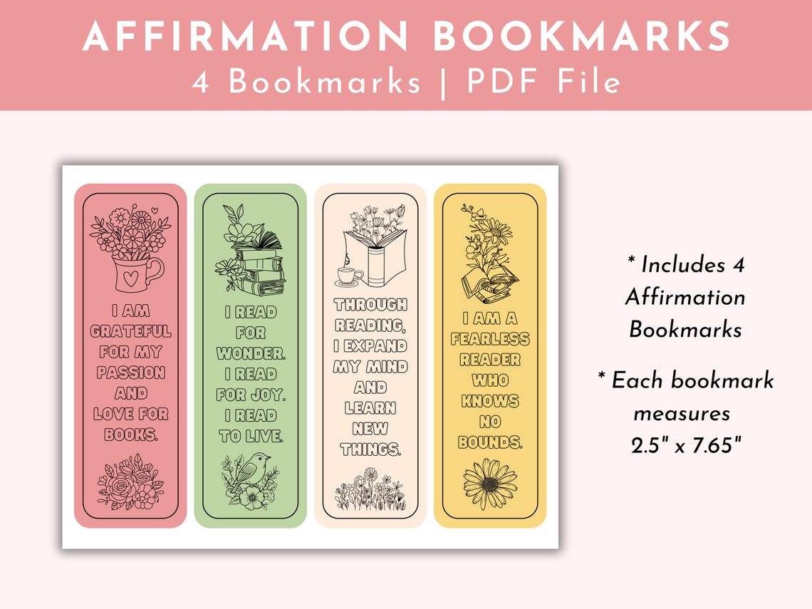 4 Reading Affirmation Bookmarks, Floral Printables, Inspirational and ...