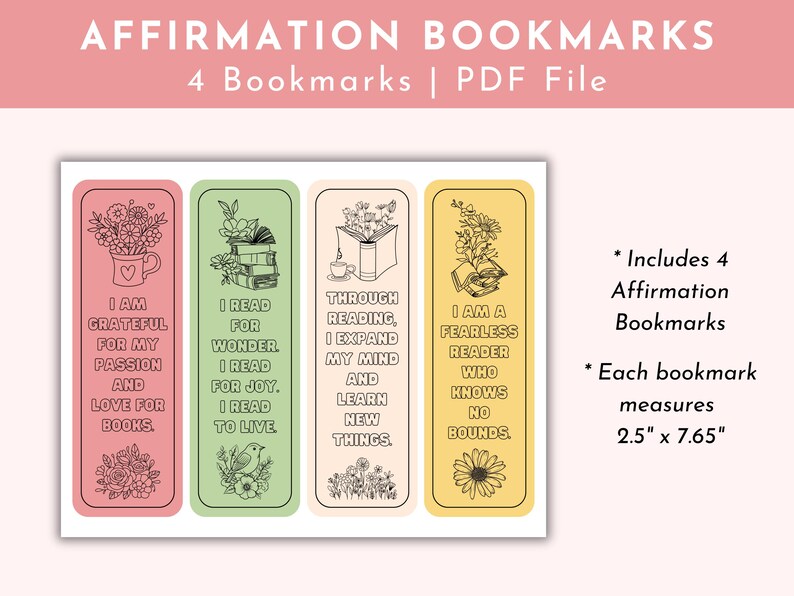 4 Reading Affirmation Bookmarks, Floral Printables, Inspirational and ...