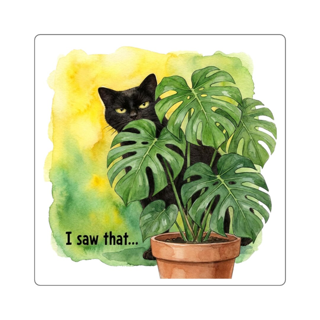 Peeking Cat Monstera Plant Sticker | Watercolor Art - Etsy
