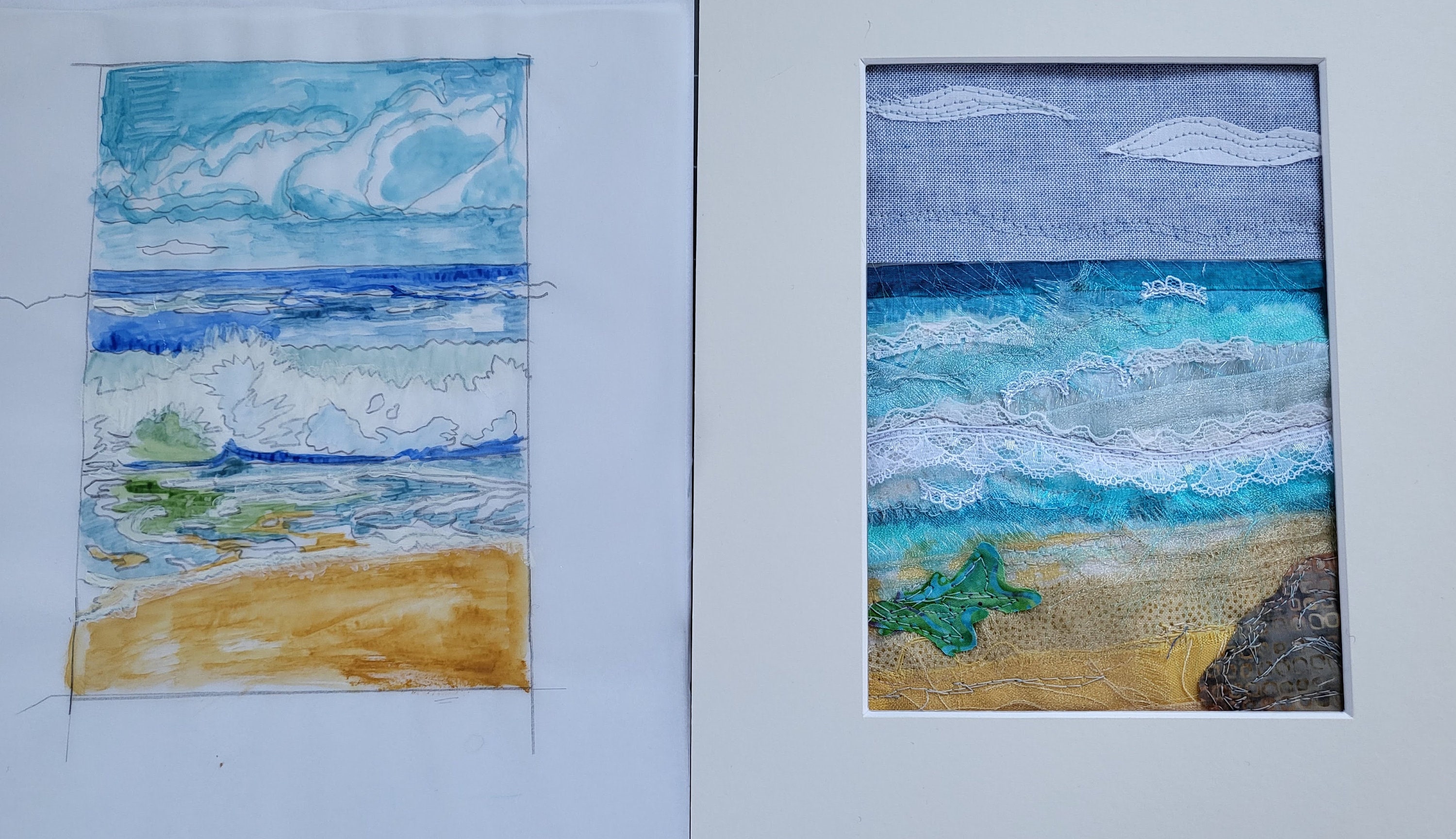 Framed Textile Picture of Shore. Beach Scene Original Textile Art ...