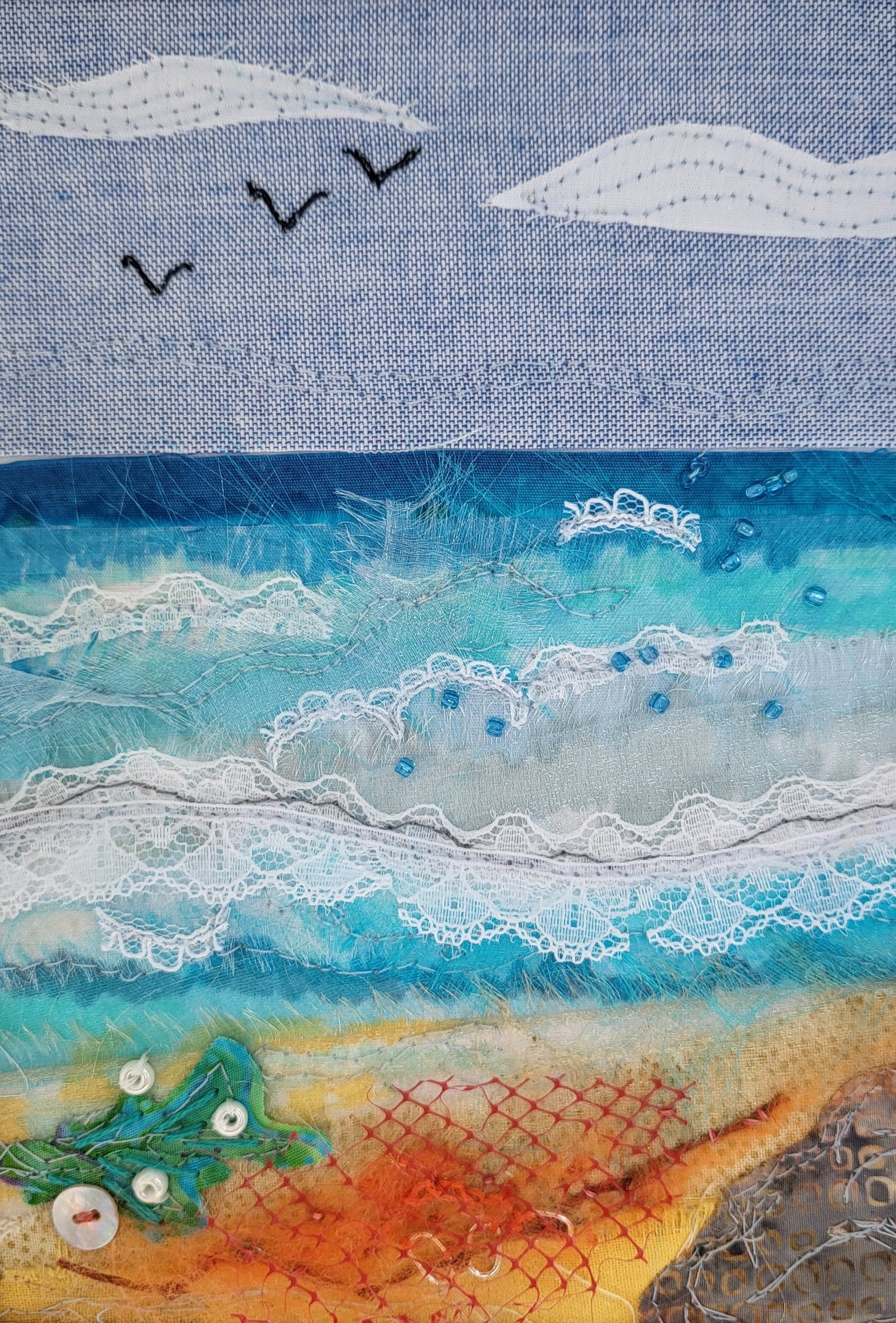 Framed Textile Picture of Shore. Beach Scene Original Textile Art ...