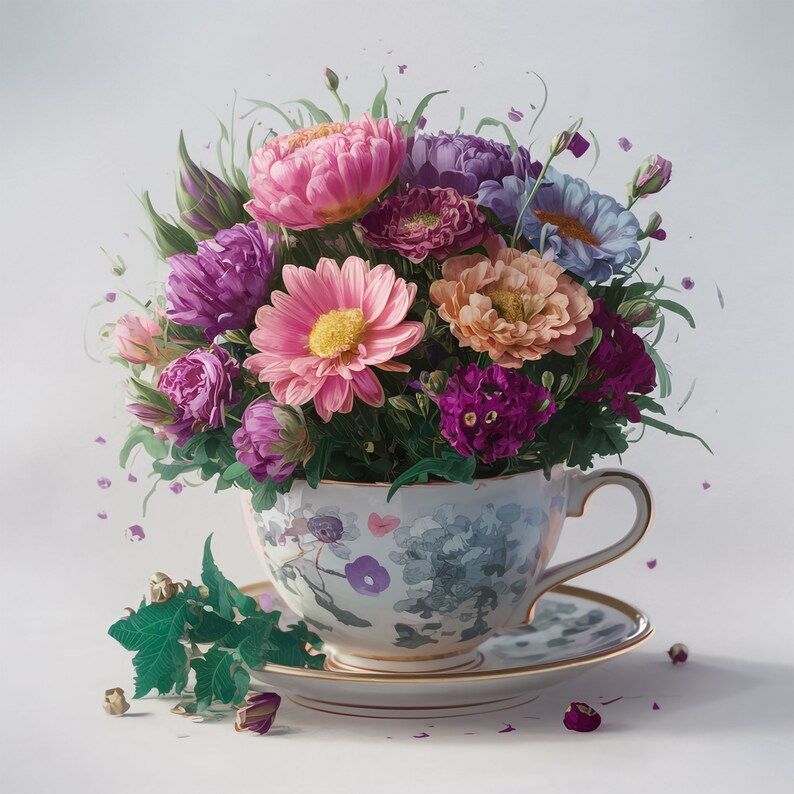 32 Teacup Flower Bouquets Clip Art Bundle, High-quality JPG, Craft Art ...