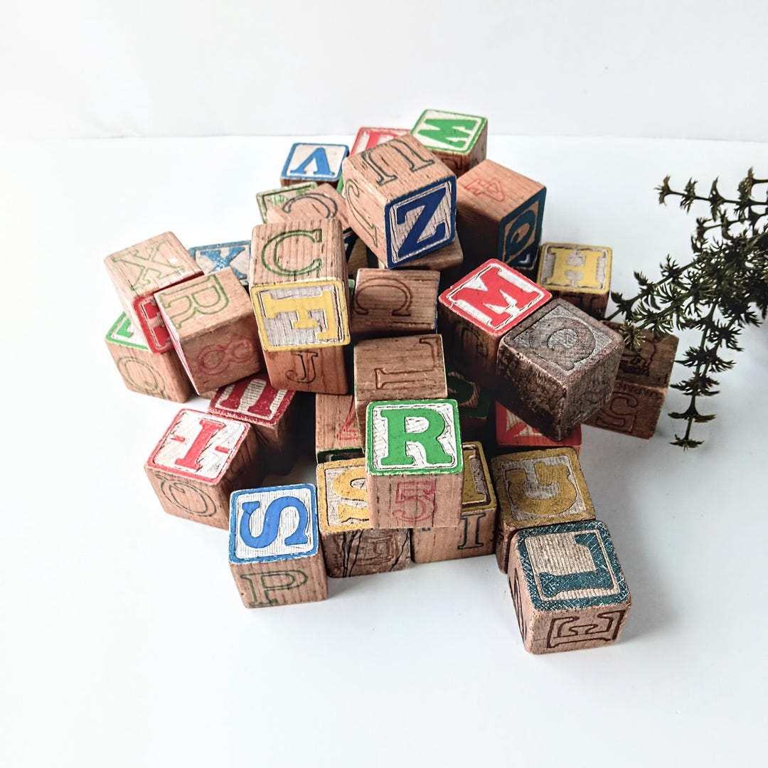 46 Vintage Wooden Alphabet Building Blocks/ Interactive Educational Pre ...