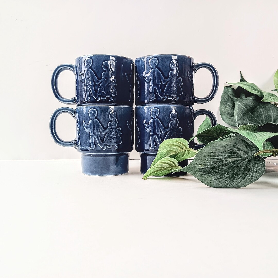 4 Vintage Ceramic Stackable Mugs/blue Glazed Coffee Cup/ Boy Girl ...