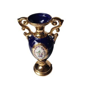 Vintage Cobalt Blue Porcelain Trophy Vase/ Gold Accents Floral ...
