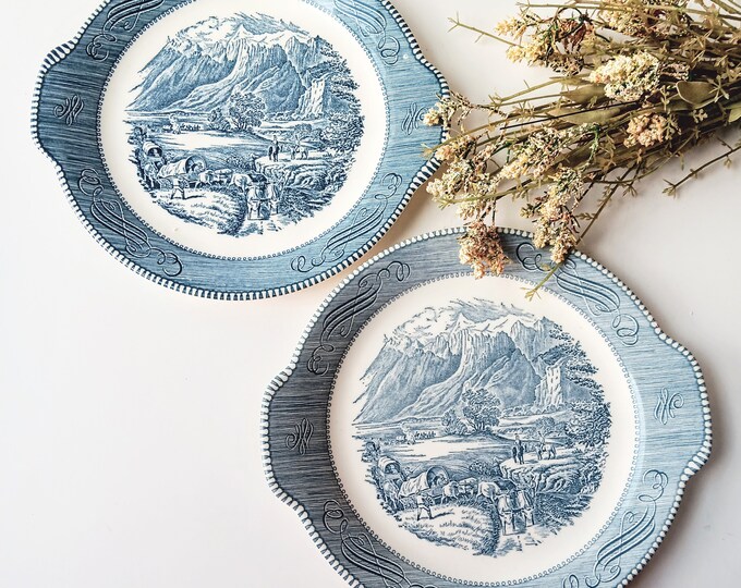 2 Vintage Blue Currier & Ives Platters Serving Plates/ Royal China Co ...