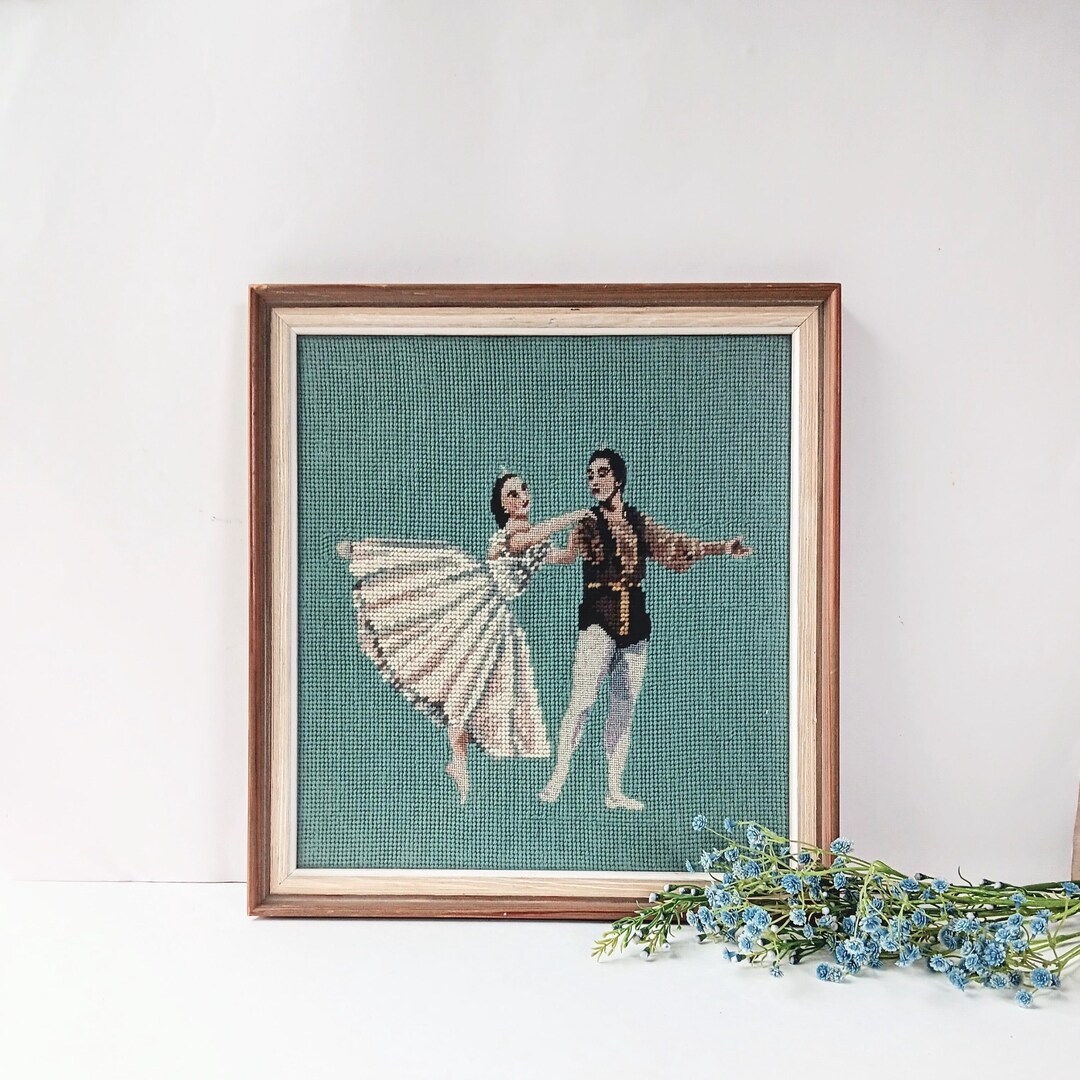 Vintage Framed Ballet Couple Ballerina Needlepoint/retro Handmade Wall ...