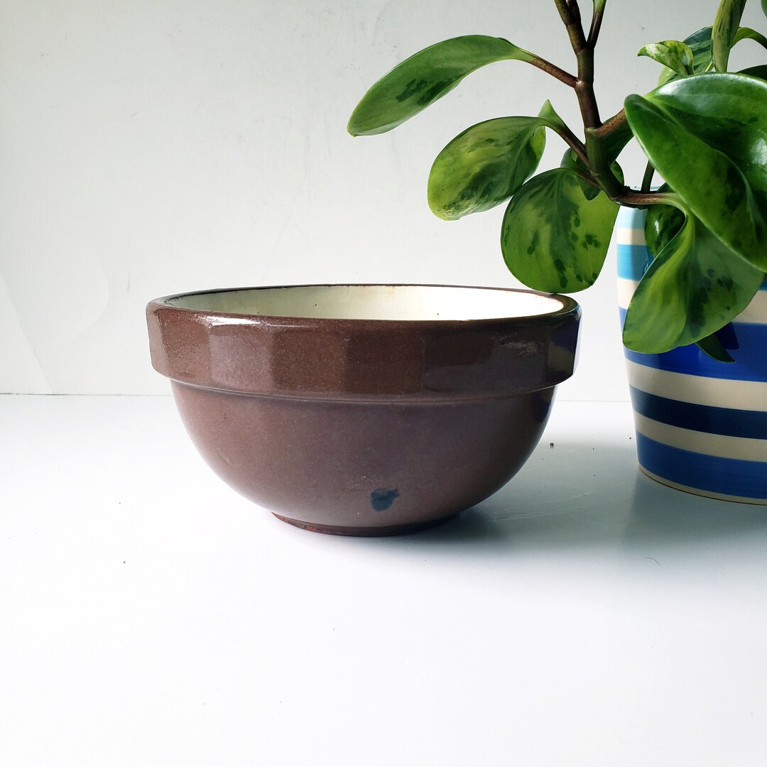 Small Antique Redware Earthenware Brown White Glazed Mixing Bowl ...