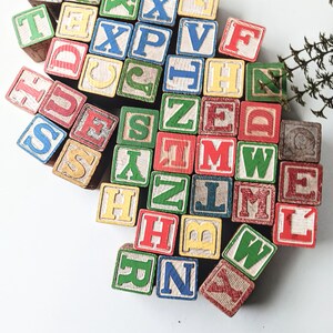 46 Vintage Wooden Alphabet Building Blocks/ Interactive Educational Pre ...
