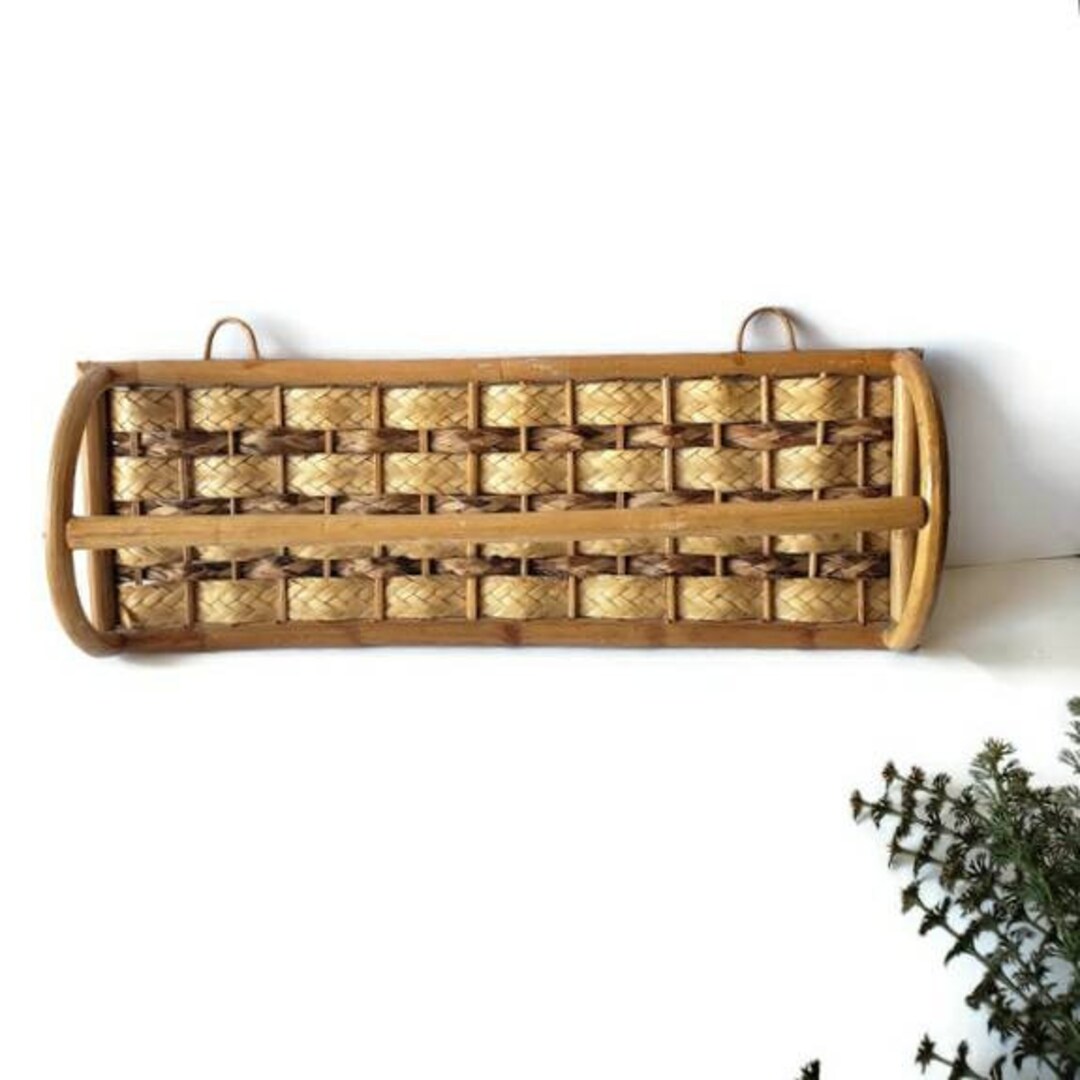 Vintage Boho Wicker Rattan Wall Mount Towel Rack Holder/ Bamboo Towel ...
