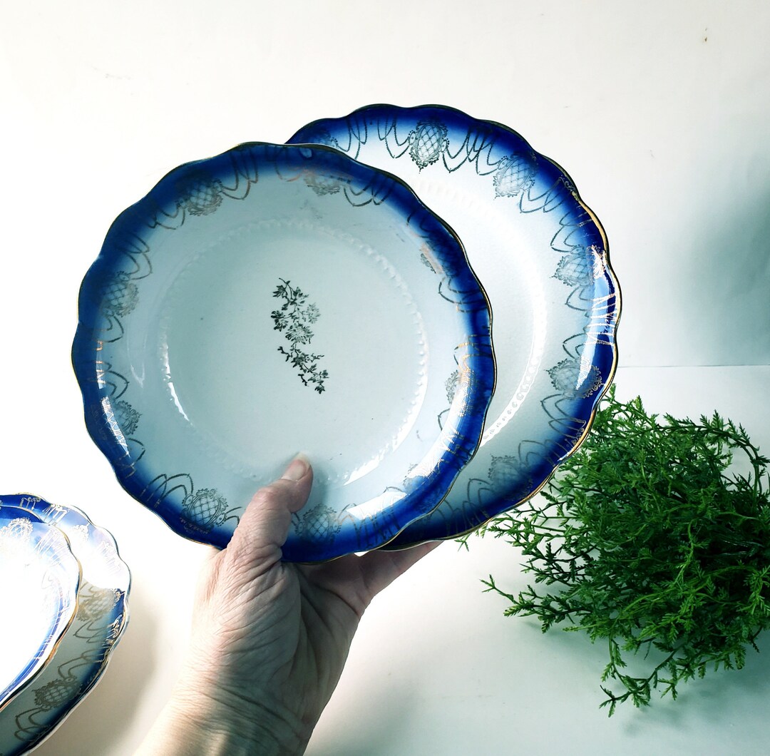 Antique Flow Blue China Plates & Bowls: Gold Swag Victorian Cottage Set ...