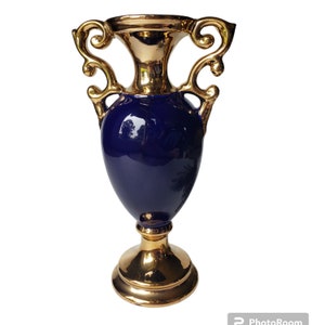 Vintage Cobalt Blue Porcelain Trophy Vase/ Gold Accents Floral ...