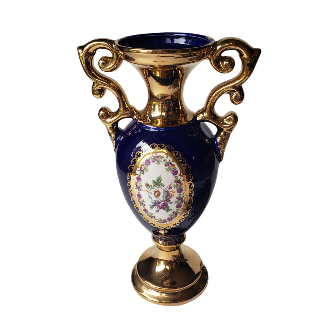 Vintage Cobalt Blue Porcelain Trophy Vase/ Gold Accents Floral ...