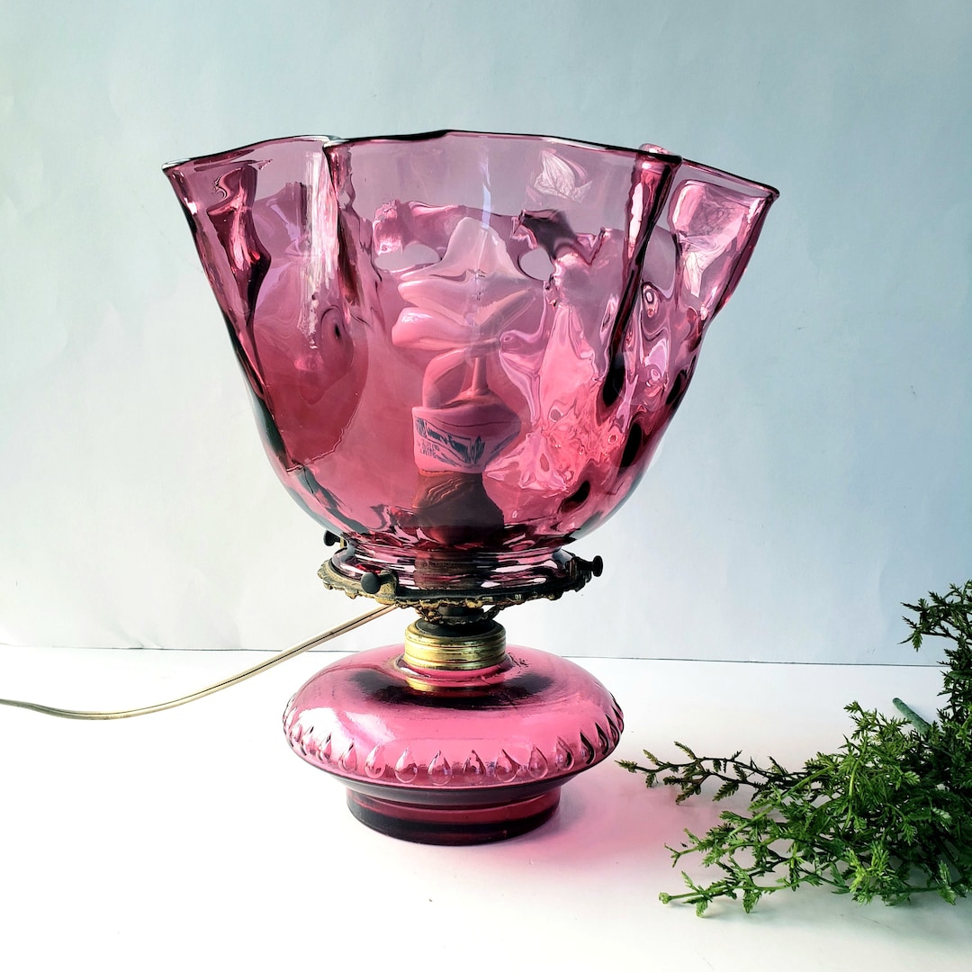 Antique Art Glass Fenton Cranberry Lamp Lighting/ Blown Glass Ruffled ...