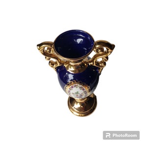 Vintage Cobalt Blue Porcelain Trophy Vase/ Gold Accents Floral ...
