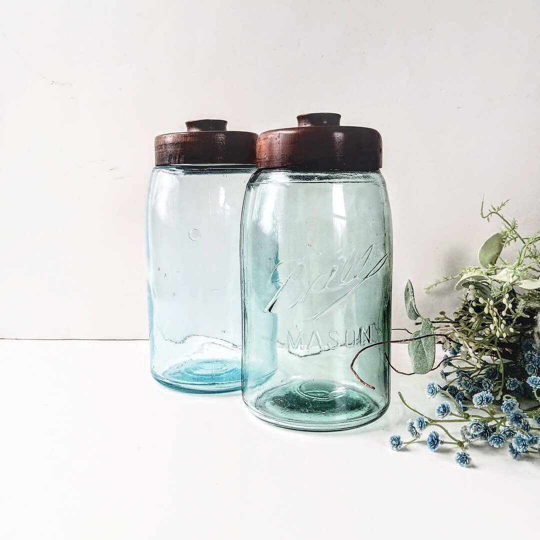 2 Antique Quart Aqua Blue Ball Mason, Whitney Mason Jar/ Sloped ...