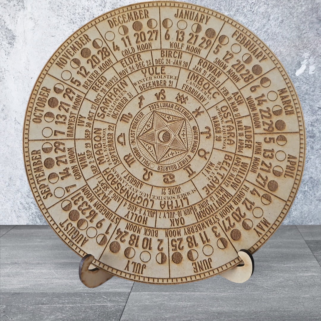 2025 Lunar Calendar With Wooden Stand | Celestial Engraved Moon Phase ...