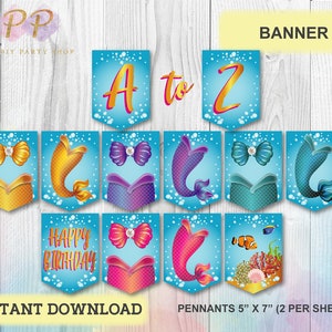 Mermaid Full Alphabet Banner, A-Z 0-9, Under the Sea Party Decorations ...
